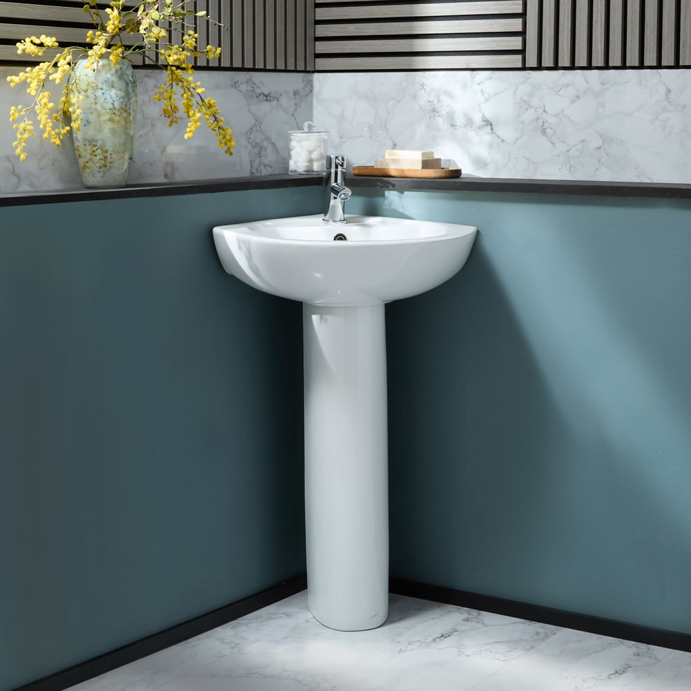 Milano Newby - Modern 560mm Corner Basin with Full Pedestal - (1 Tap Hole)