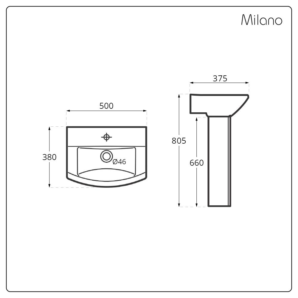 Milano Dalton - Modern 500mm Basin with Full Pedestal - (1 Tap Hole)