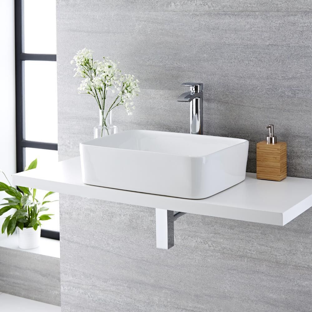 Milano Rivington White Modern Rectangular Countertop Basin 480mm x 370mm No Tap Holes