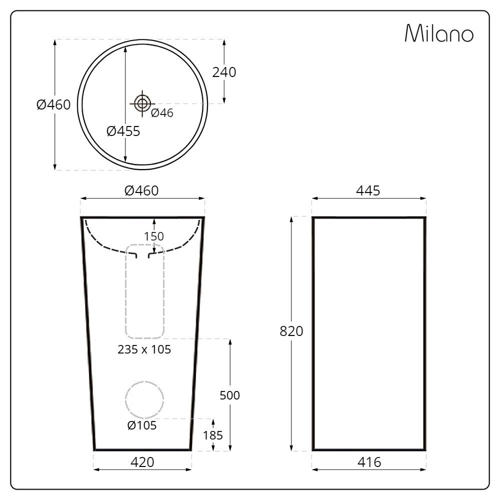 Milano Elements - Freestanding Basin - 460mm x 445mm (No Tap-Holes ...