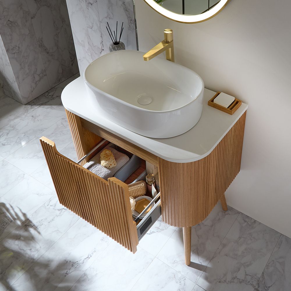 Milano Chalton - Oak Curved Fluted Vanity Unit - Choice of Size and Basin