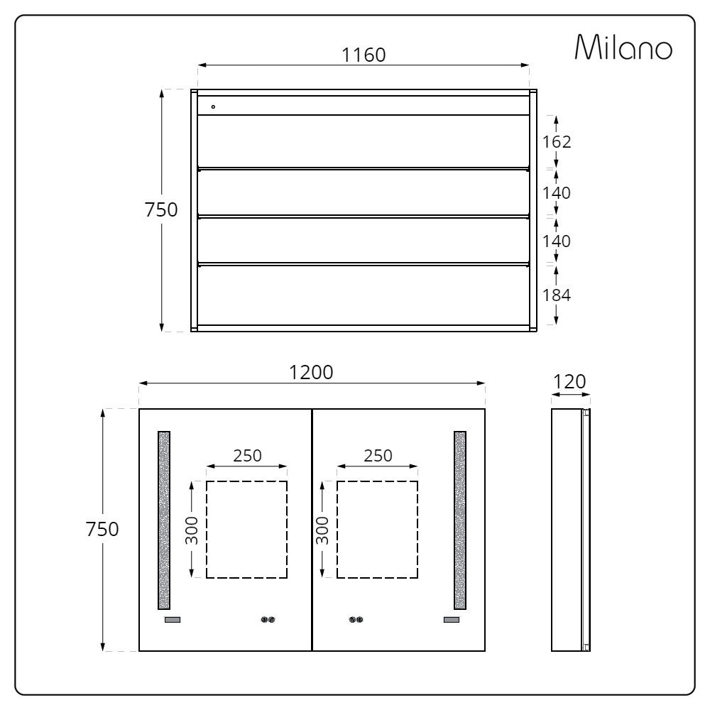 Milano Ossa - Modern LED Anti-Fog LED Mirrored Cabinet - 1200mm x 750mm