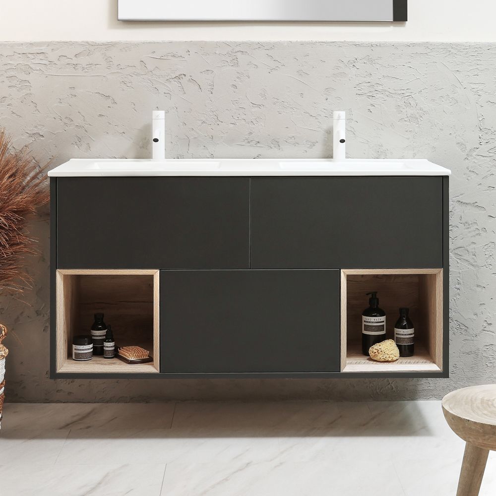 Milano Bexley - 1212mm Wall Hung Open Shelf Vanity Unit with Elements ...