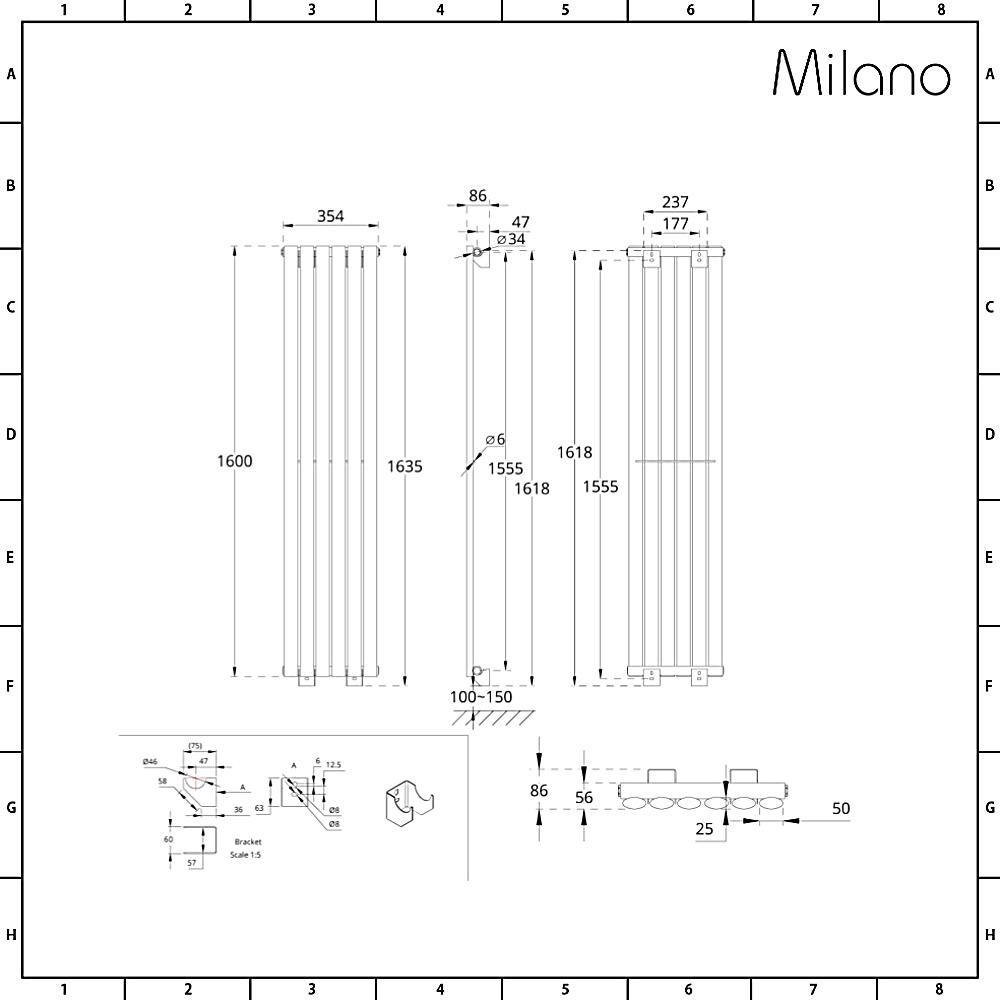Milano Aruba - Black Vertical Designer Radiator - 1600mm x 354mm ...