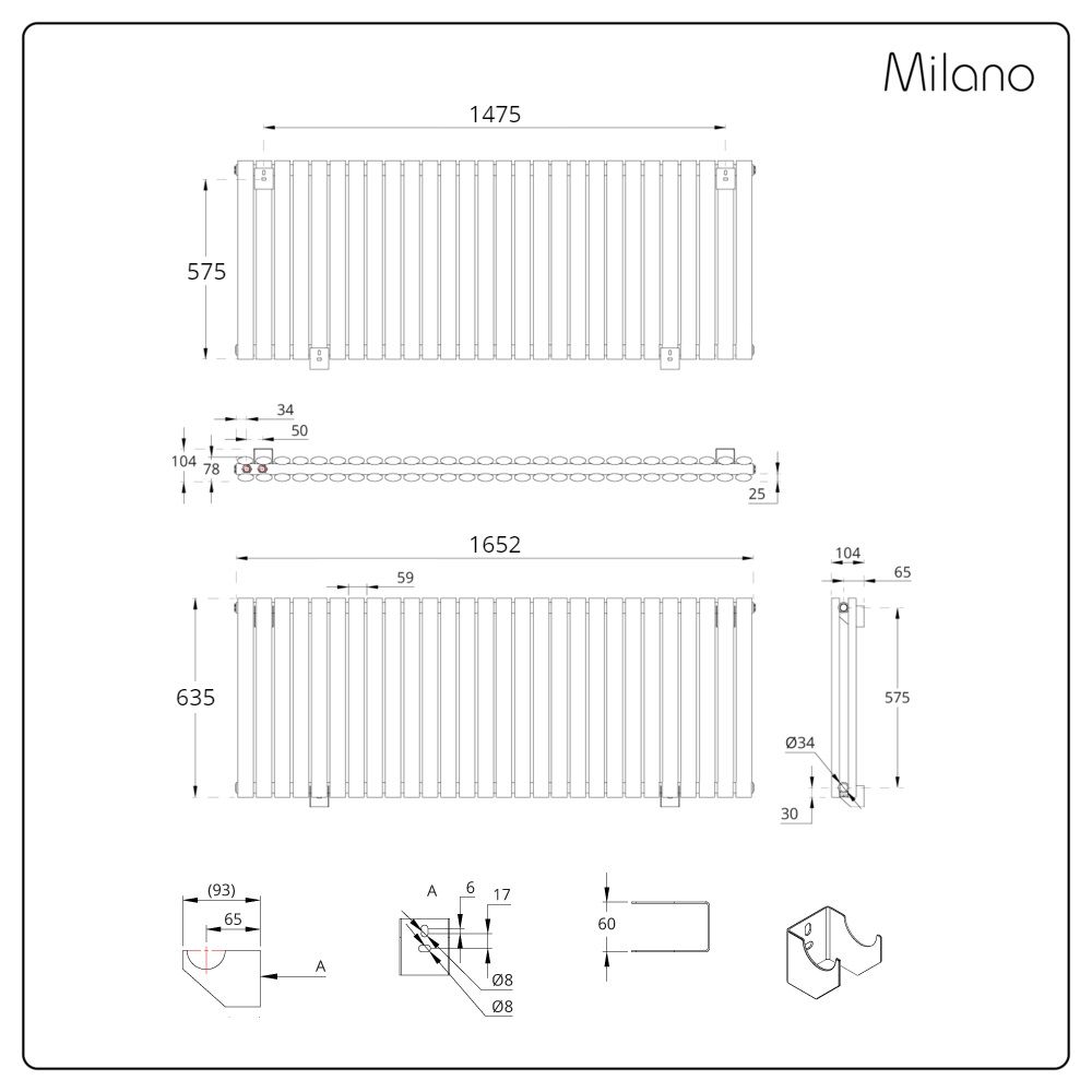 Milano Aruba - Light Grey Horizontal Designer Radiator - 635mm x 1652mm ...