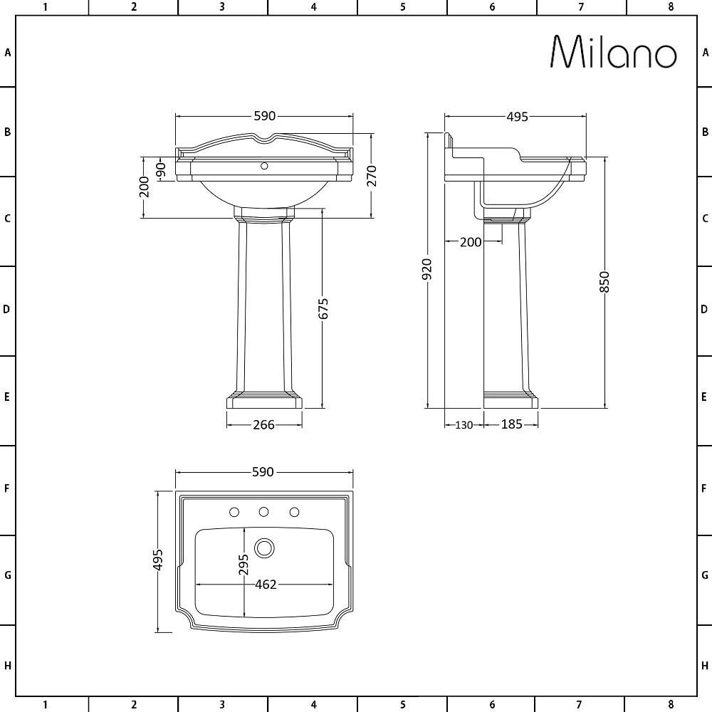 Milano Windsor - Traditional 3 Tap-Hole Basin with Full Pedestal - 590mm