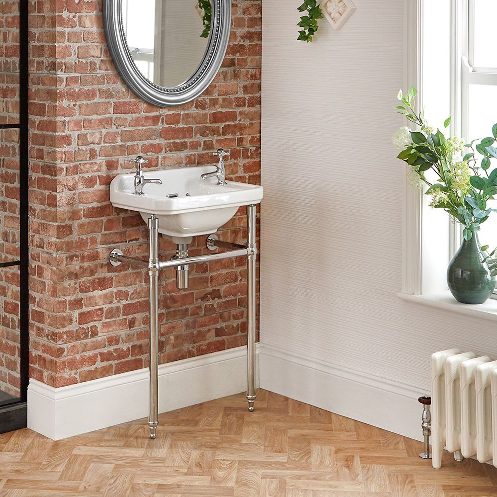 Milano Richmond - White Traditional Cloakroom Basin and Chrome Washstand - 515mm x 300mm (2 Tap ...
