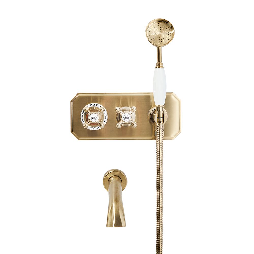 Milano Elizabeth - Brushed Brass Traditional Thermostatic Shower with Diverter, Hand Shower and ...