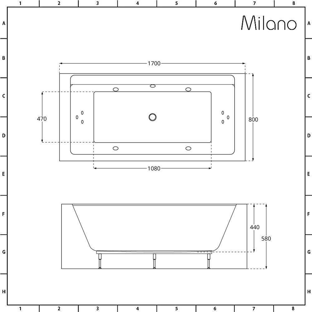 Milano Breeze - Whirlpool Double Ended Spa Bath - 1700mm x 800mm - Chrome