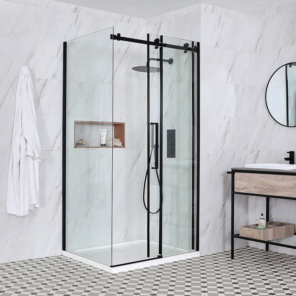 Milano Nero - Black Frameless Sliding Door Shower Enclosure - Choice of Sizes and Side Panel