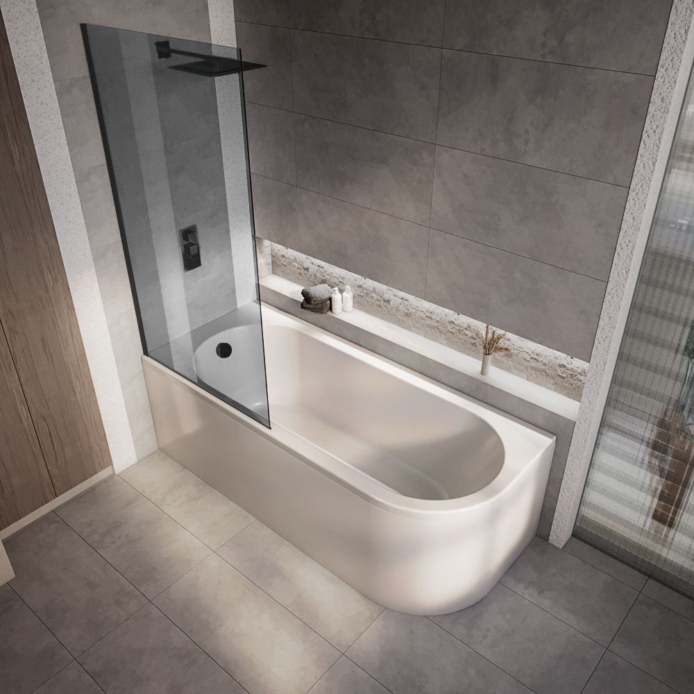 Milano Overton - 1700mm x 725mm Modern J-Shaped Corner Shower Bath with Smoked Glass Bath Screen ...