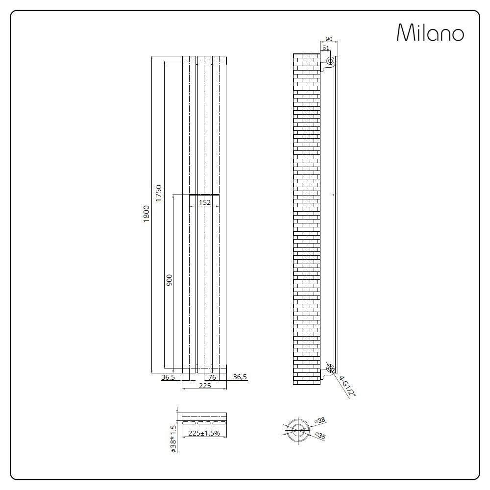 Milano Alpha - Chrome Flat Panel Vertical Designer Radiator - 1800mm x ...