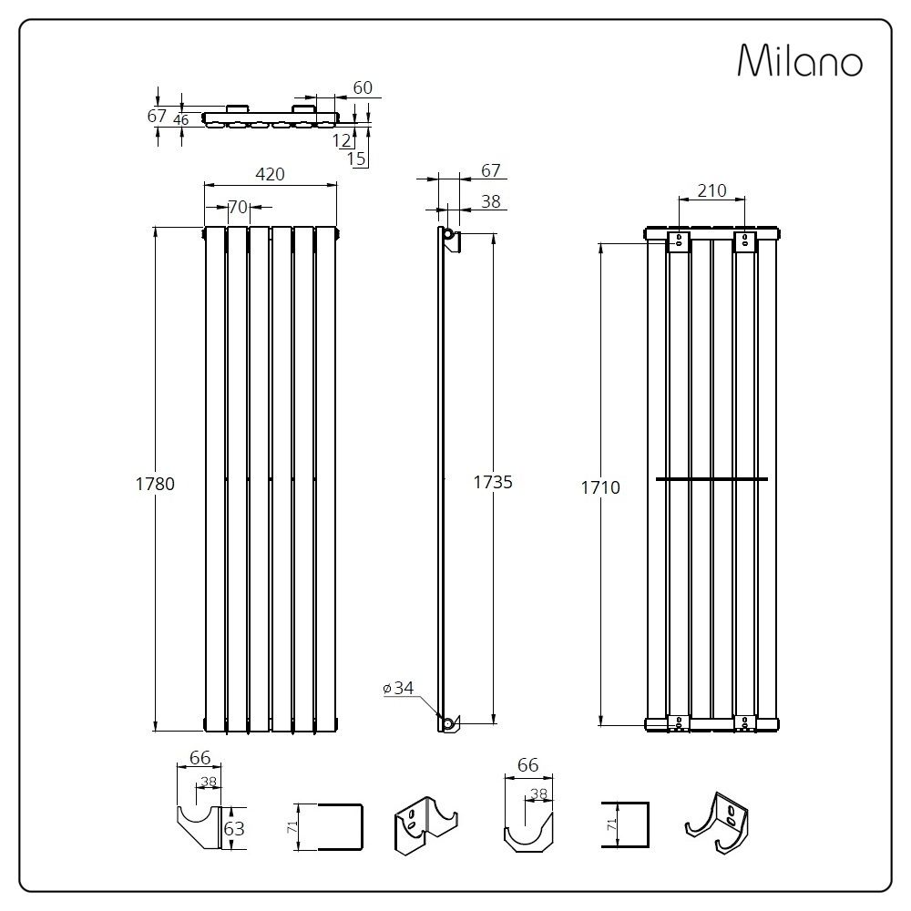 Milano Alpha - Black Flat Panel Vertical Designer Radiator - 1780mm x ...