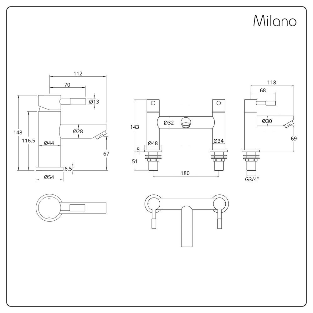 Milano - Modern Basin Mixer and Bath Filler Mixer Tap Set - Choice of ...