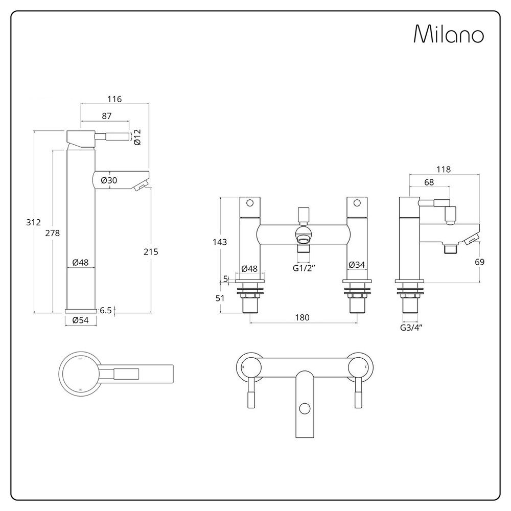 Milano - Modern Round High Rise Basin Mixer and Bath Shower Mixer Tap ...