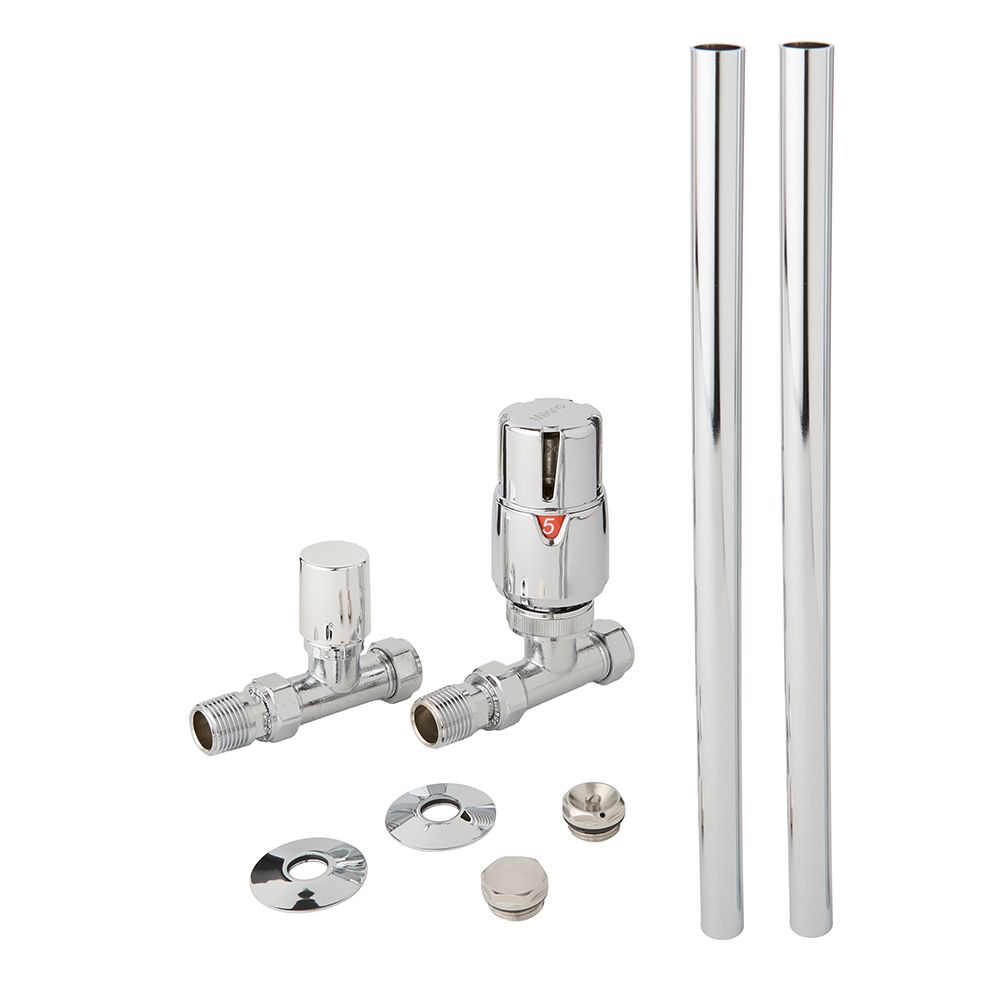 Milano - Modern Thermostatic Straight Radiator Valve and Pipe Set - Chrome