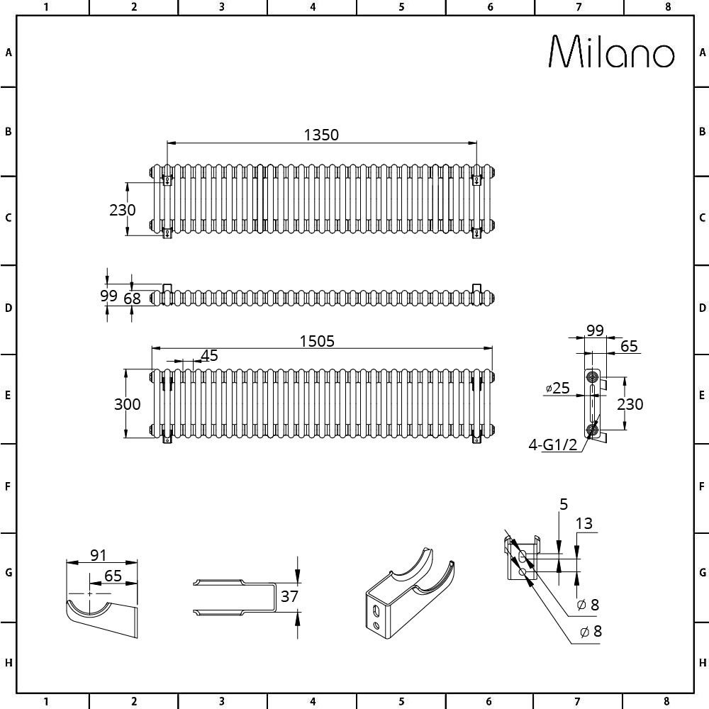Milano Windsor - White Horizontal Traditional Column Radiator - 300mm x ...