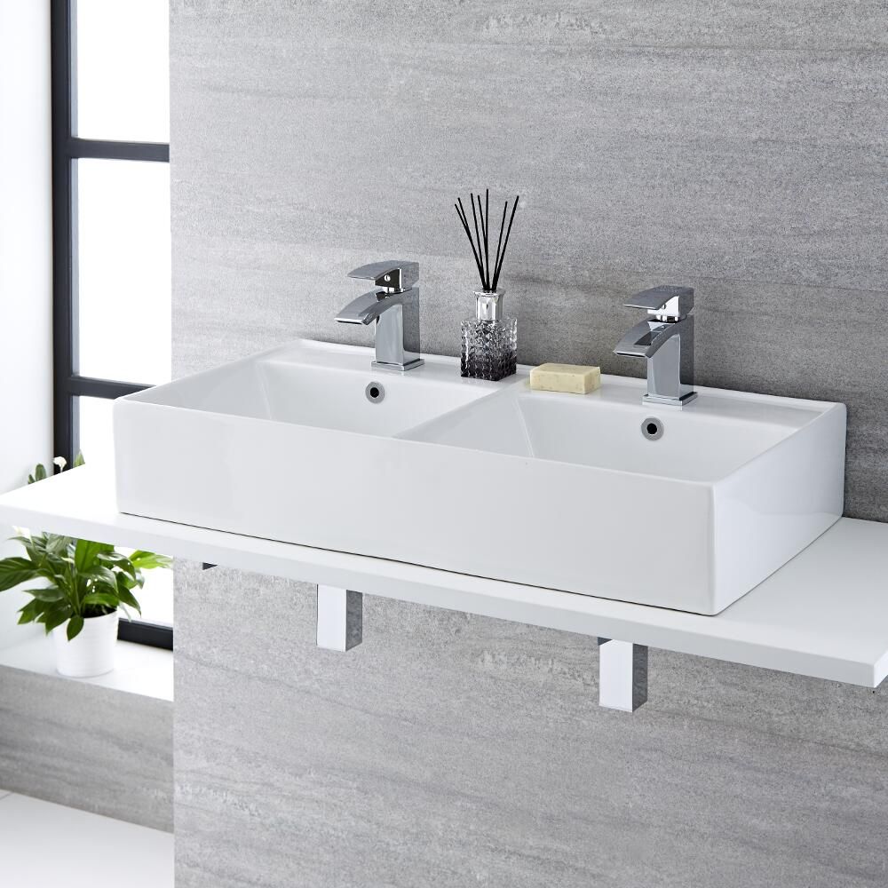 Milano Dalton - White Modern Rectangular Double Countertop Basin with 2 ...