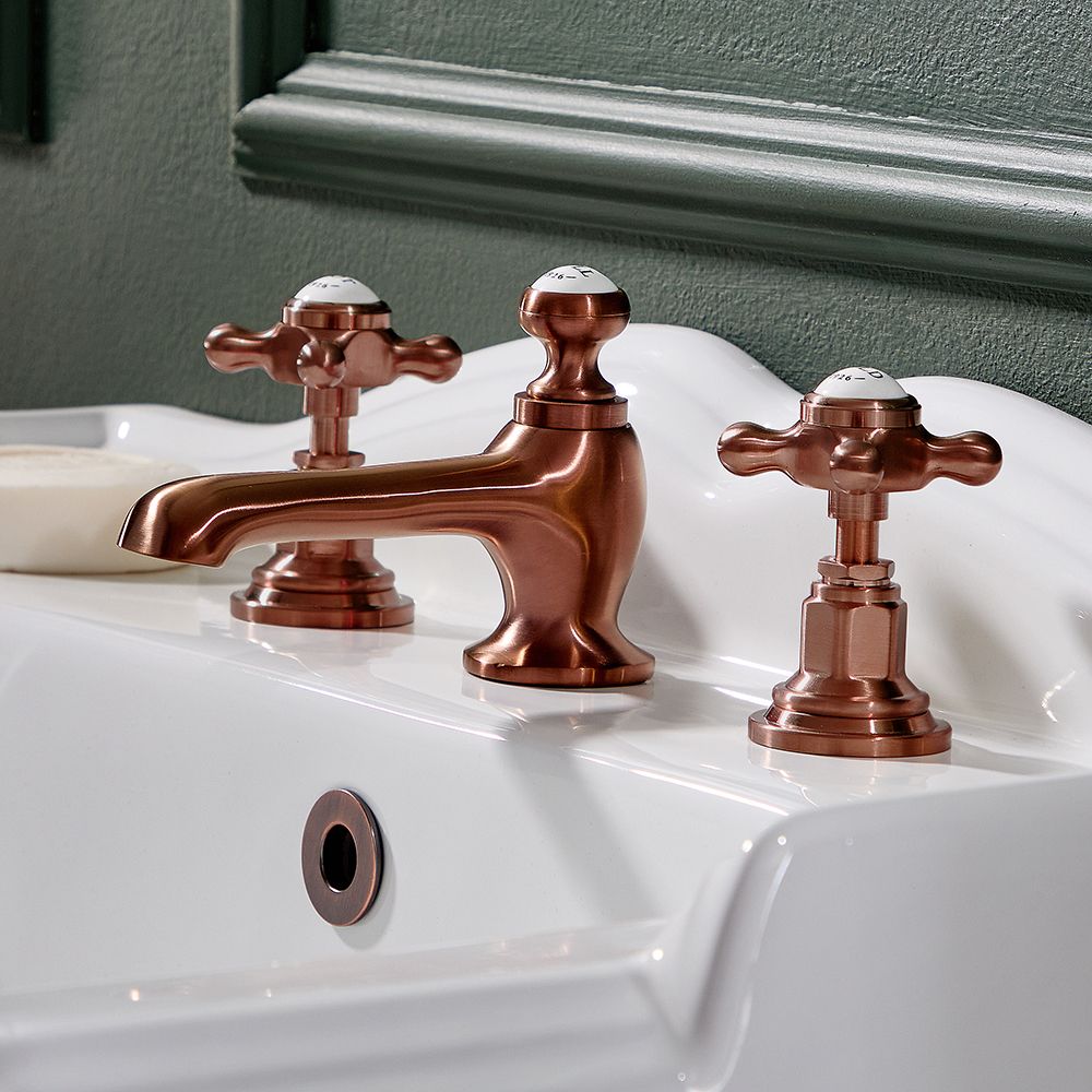 Milano Elizabeth - 3 Tap-Hole Crosshead Basin Mixer Tap - Brushed Copper