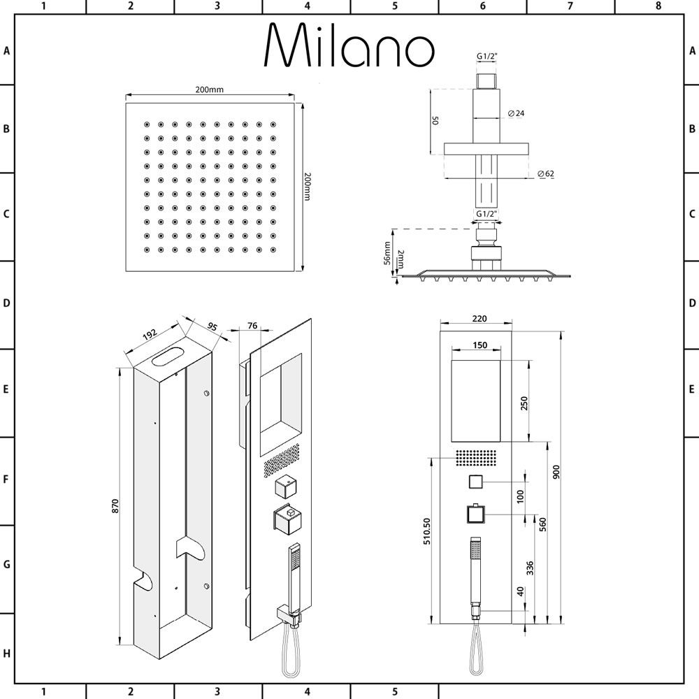 Milano Lisse - Concealed Brushed Shower Tower Panel with 200mm Square ...