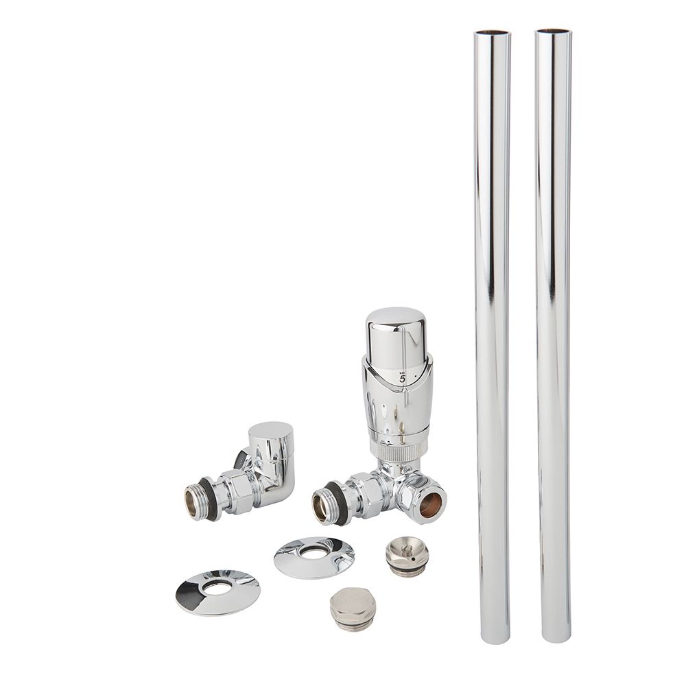 Milano - Modern Thermostatic Corner Radiator Valve and Pipe Set - Chrome