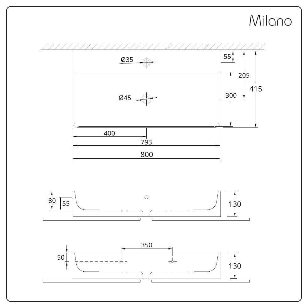 Milano Farington - White Modern Rectangular Wall Hung Basin - 800mm x ...
