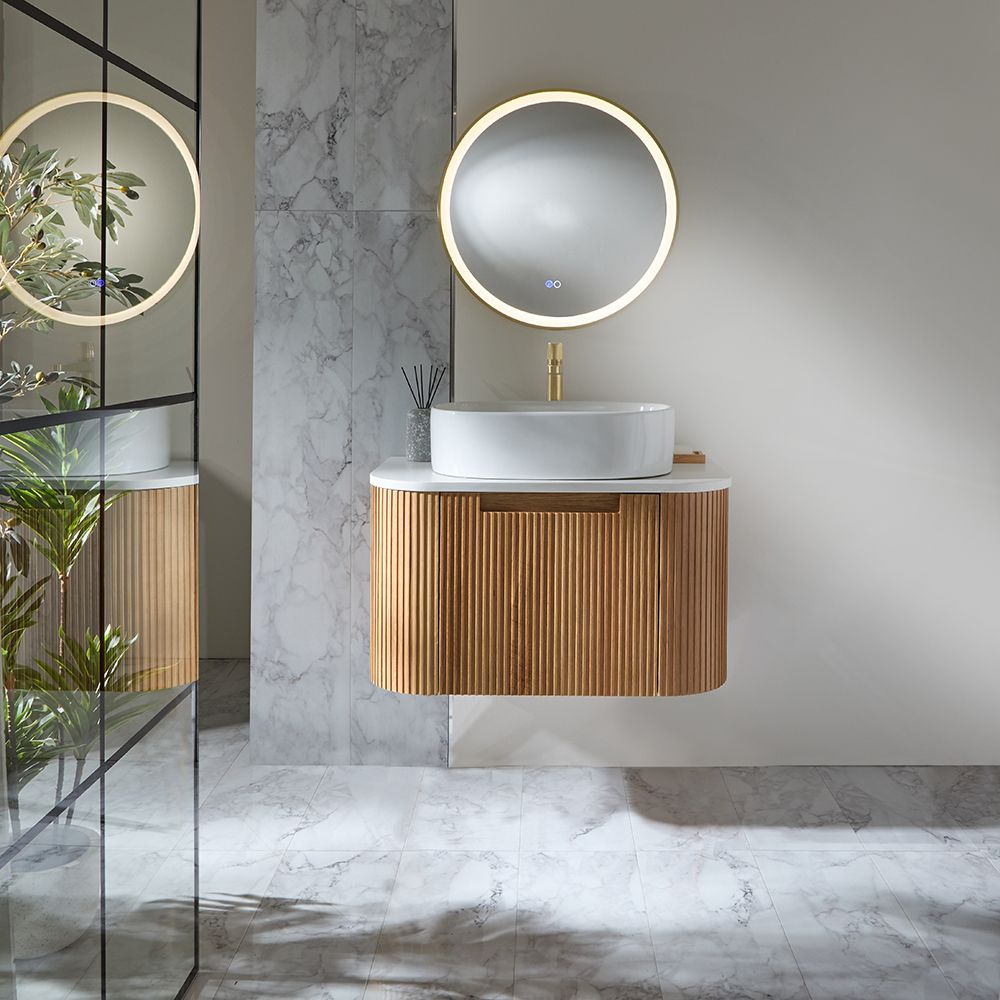 Milano Chalton - Oak Curved Wall Hung Fluted Vanity Unit - Choice of ...