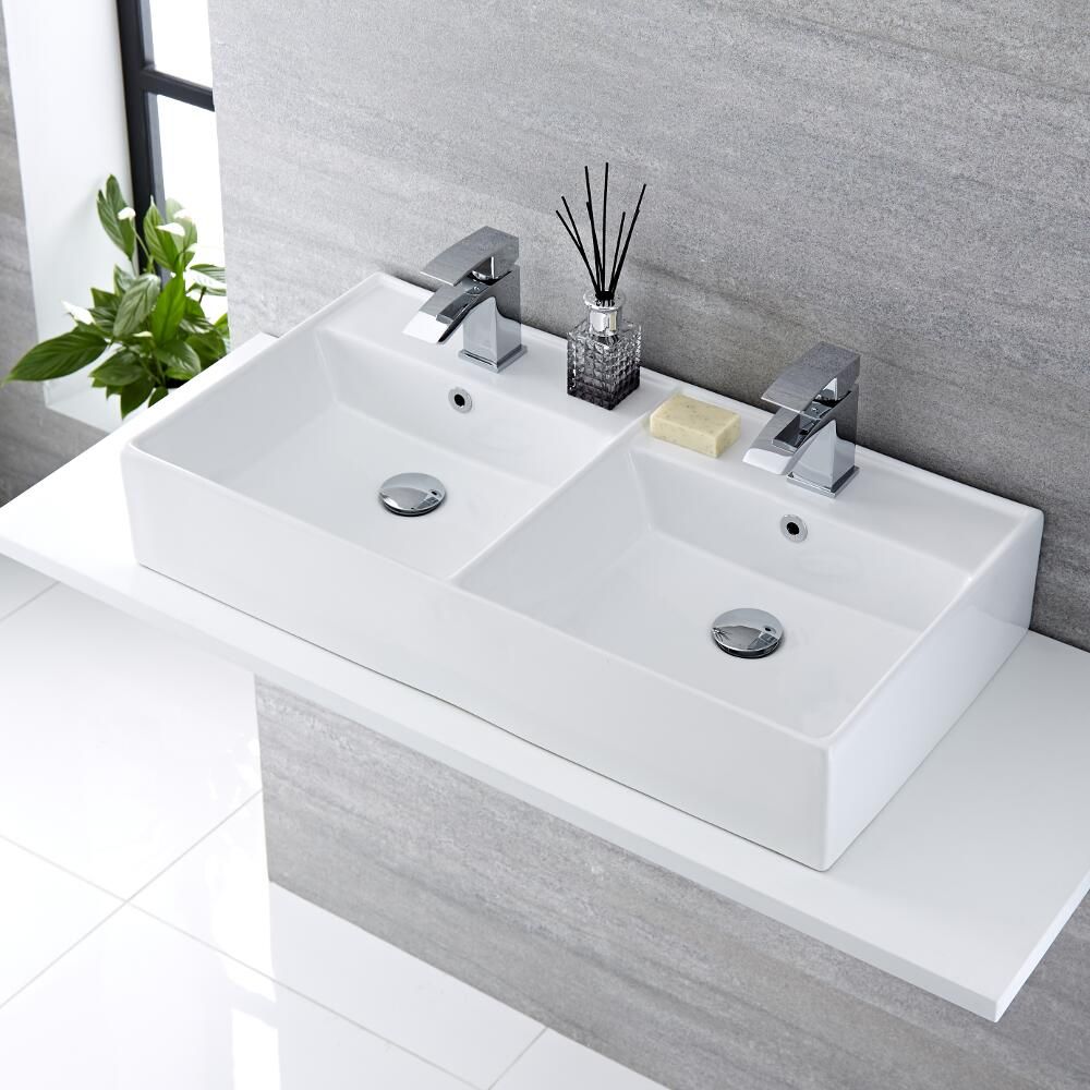 Milano Dalton - White Modern Rectangular Double Countertop Basin with 2 ...