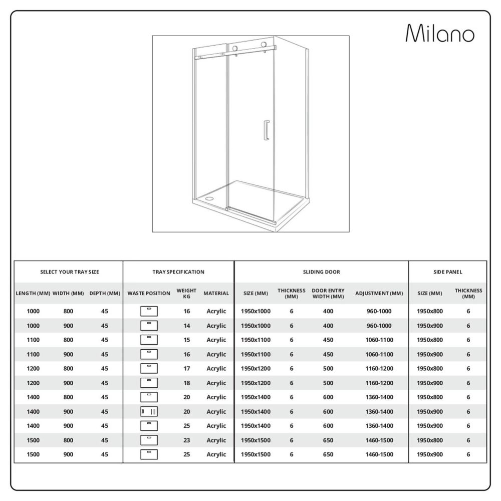 Milano Portland - Chrome Corner Frameless Sliding Door Shower Enclosure with Tray and Side Panel ...
