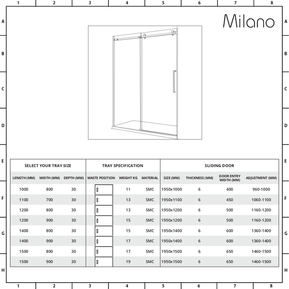 Milano Portland - Frameless Sliding Shower Door with Slate Tray - Choice of Sizes