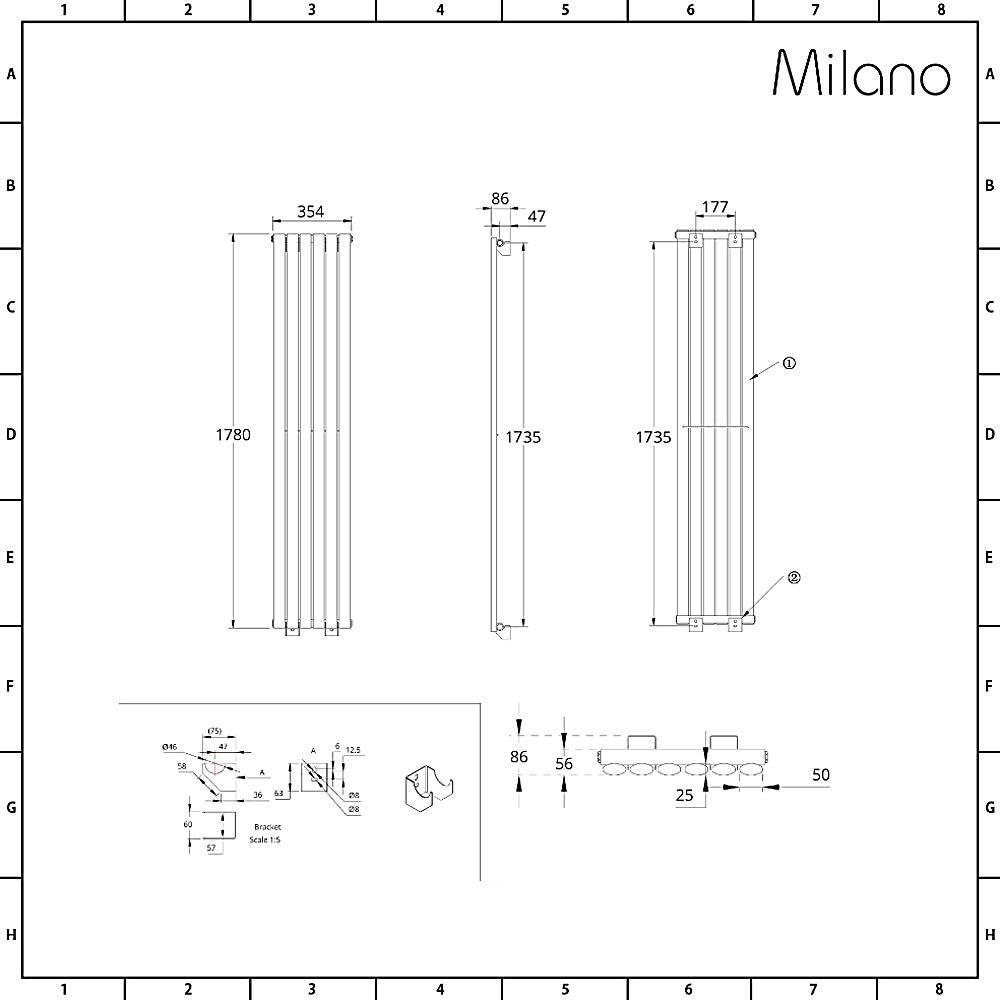 Milano Aruba - Black Vertical Designer Radiator - 1780mm x 354mm ...