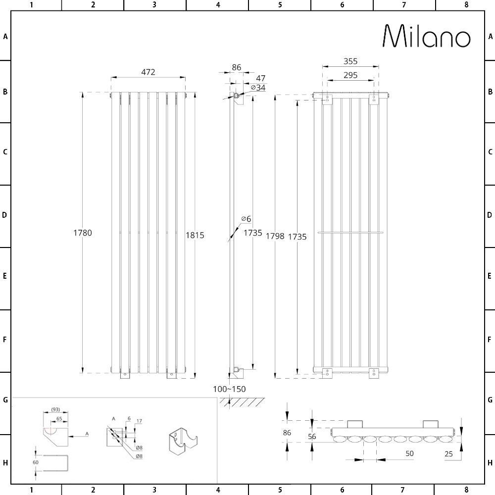Milano Aruba - Light Grey Vertical Designer Radiator - 1780mm x 472mm ...