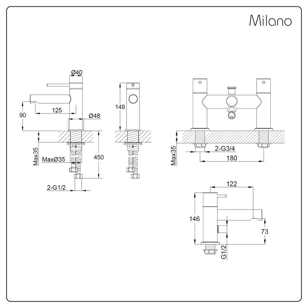 Milano Otto - Modern Basin Mixer and Bath Shower Mixer Tap Set - Choice ...