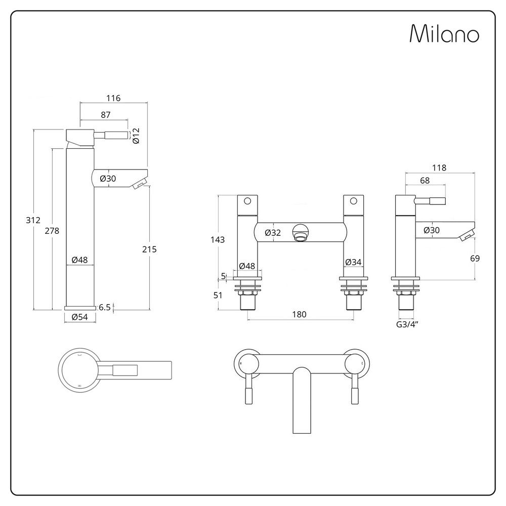 Milano - Modern Round High Rise Basin Mixer and Bath Filler Mixer Tap ...