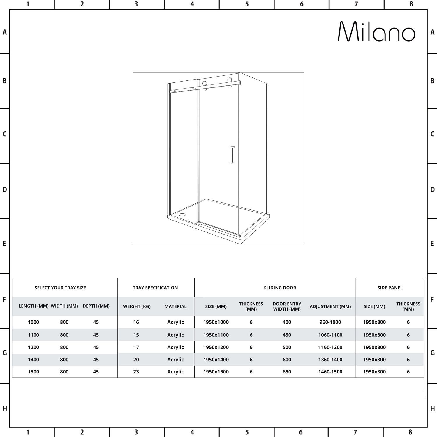 Milano Nero - Black Corner Frameless Sliding Door Shower Enclosure with Tray - Choice of Sizes